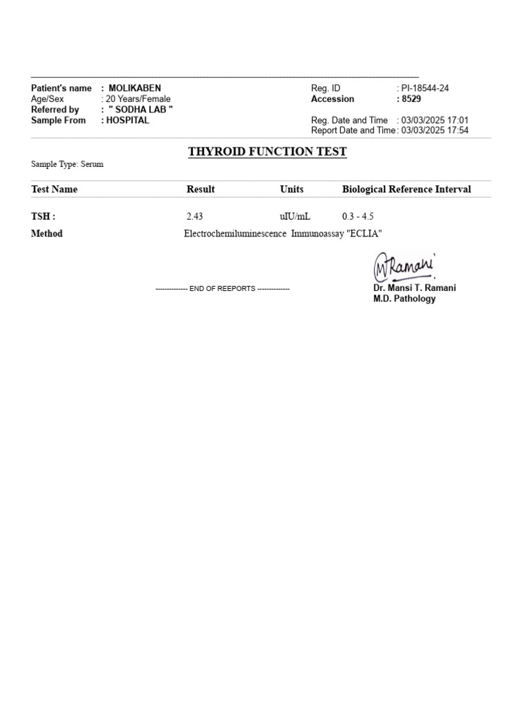 Thyroid Test Report for Molikaben | PDF