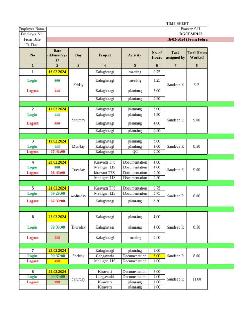 Time Sheet 2024 - Pi | PDF | Login
