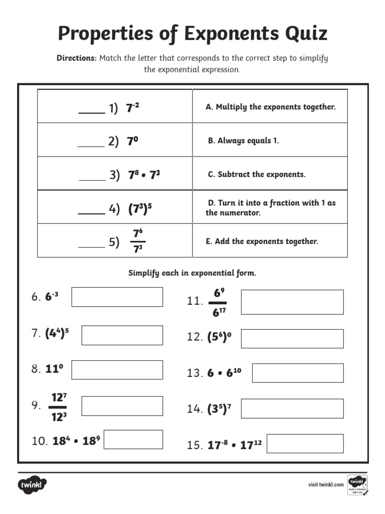 Eight Grade Properties of Exponents Quiz | PDF
