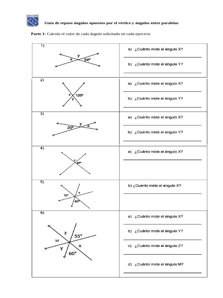 Guía de Repaso Ángulos Opuestos Por El Vértice y Ángulos Entre ...