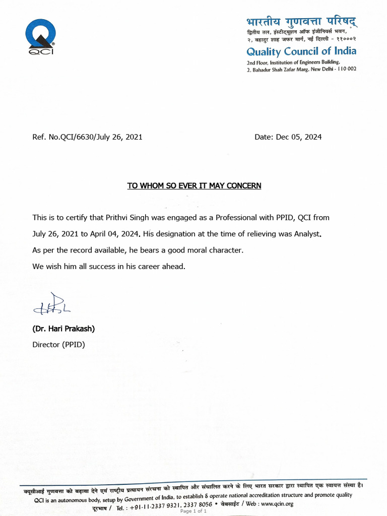 Prithvi Singh Ppid Experience Letter | PDF