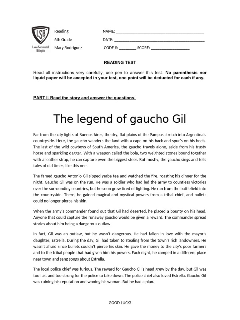6th Grade Reading Test: Gaucho Gil & Iguazu Falls | PDF
