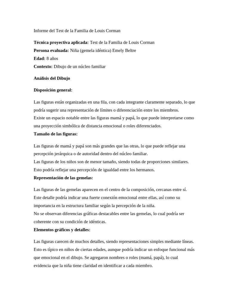 Informe Del Test de La Familia de Louis Corman | PDF | Percepción | Las ...