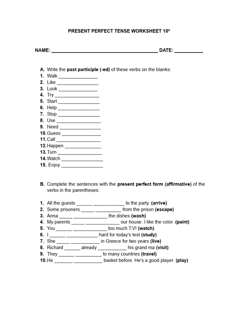 Present Perfect Tense Worksheet 10º | PDF
