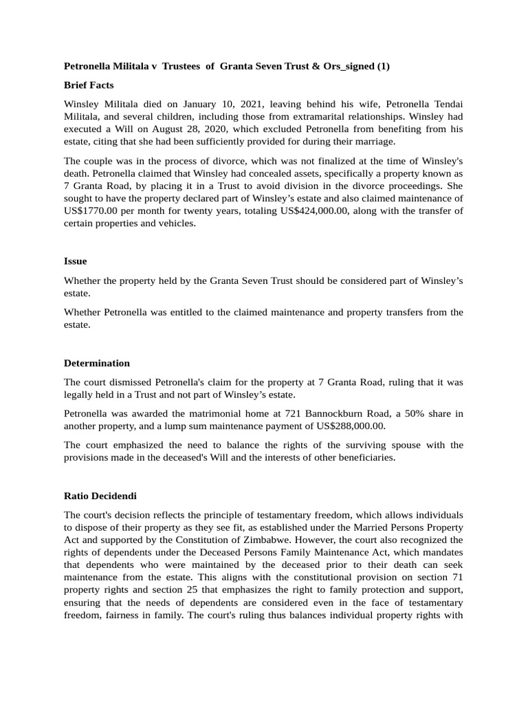 Petronella Militala V Trustees of Granta Seven Trust | PDF | Marriage ...