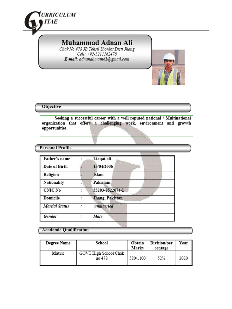 Muhammad Adnan Ali's CV and Objectives | PDF