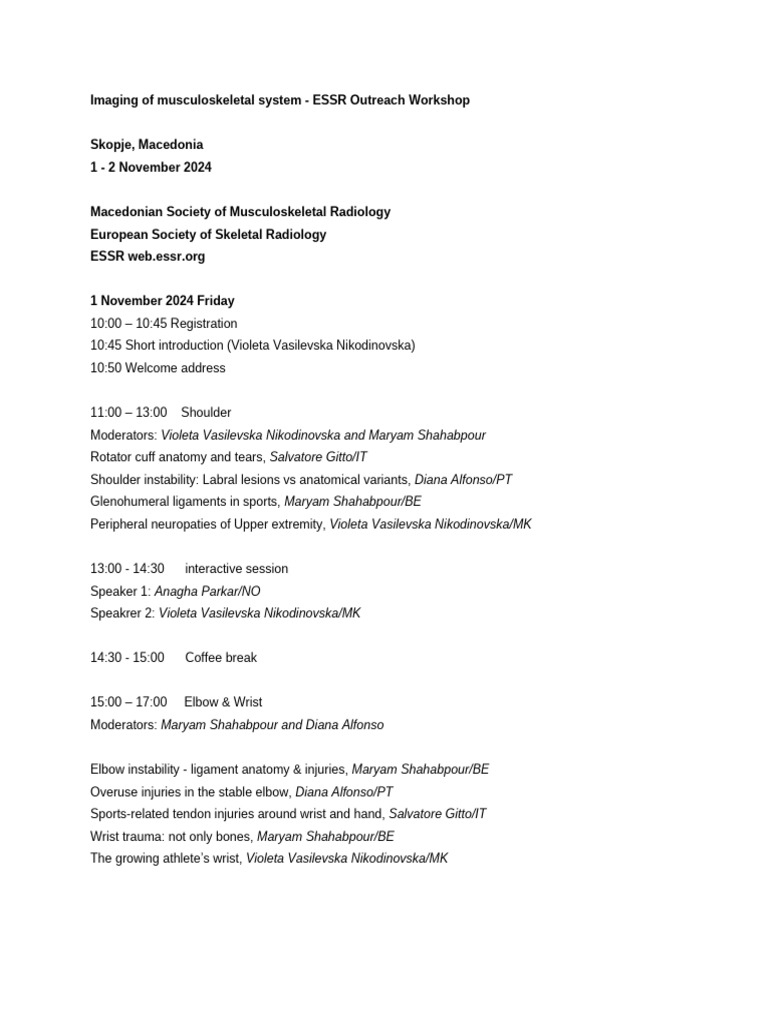 ESSR Outreach Program - 1-2 November 2024 - FINAL PROGRAM | PDF | Radiology | Shoulder