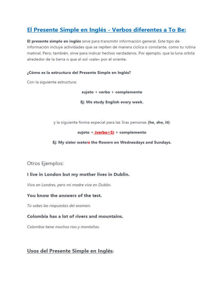 El Presente Simple en Inglés - Verbos Diferentes A To Be | PDF ...