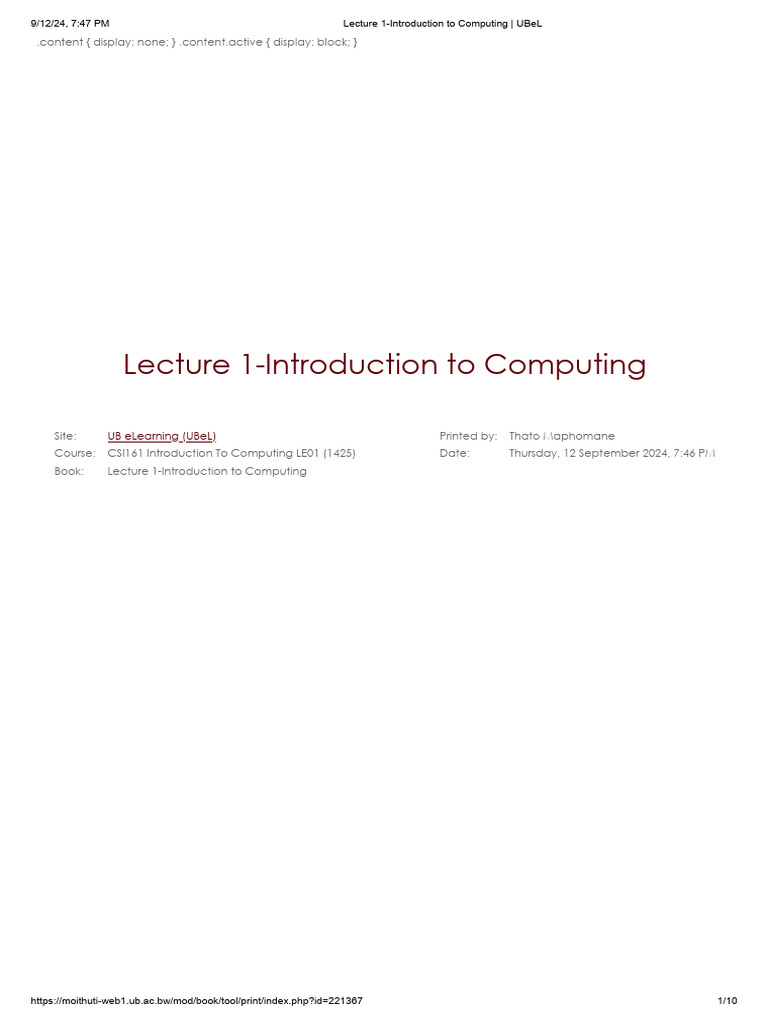 Lecture 1-Introduction To Computing - UBeL | PDF | Computing | Input/Output