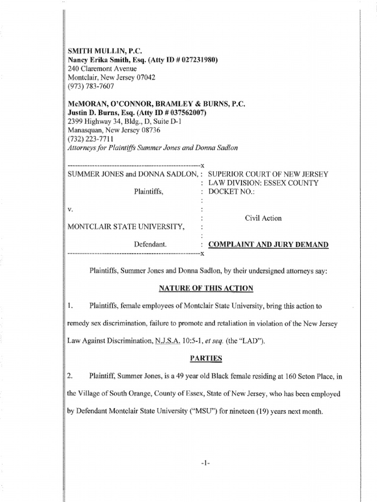 Complaint and Jury Demand: Montclair State University | PDF | Justice ...