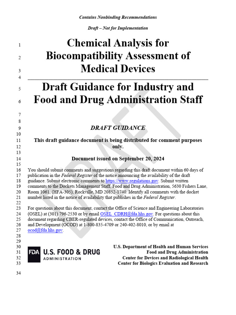 FDA DRAFT Guidance - Chemical Analysis for Biocompatibility Assessment of Medical Devices | PDF ...