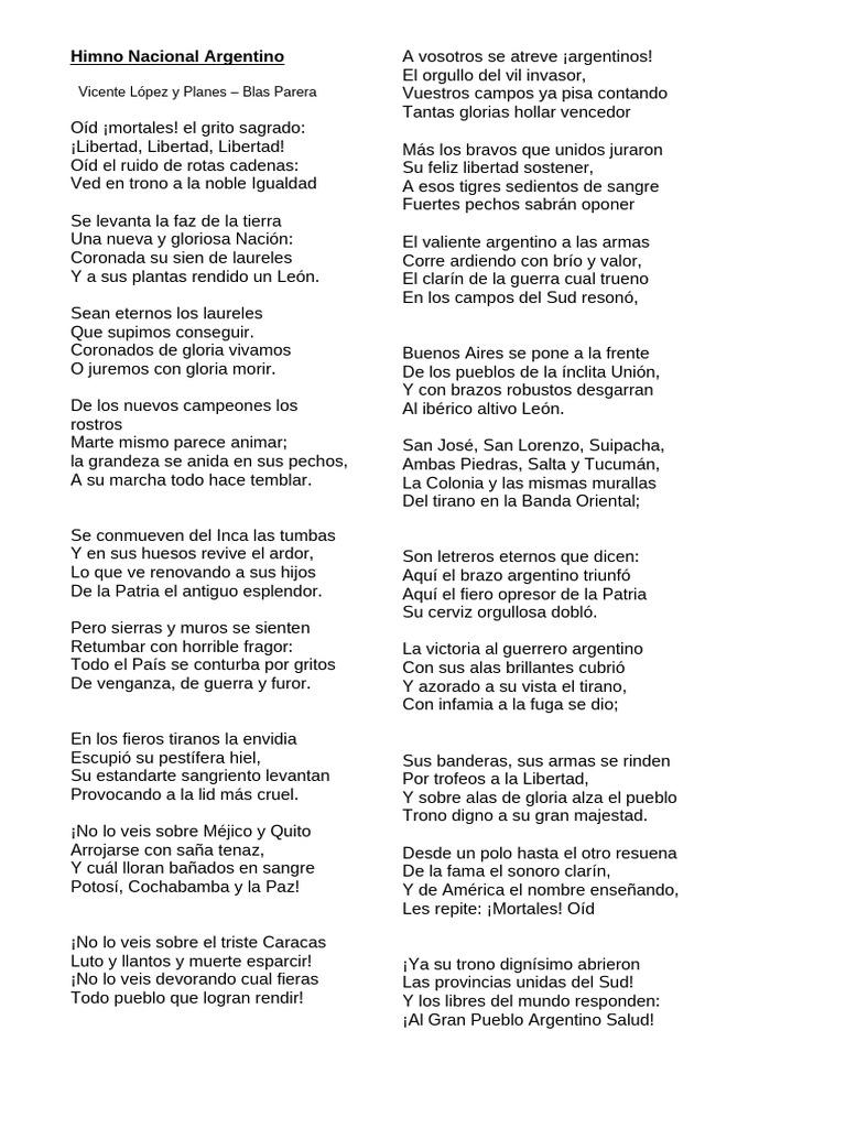 Himno Nacional Argentino Completo | PDF | Canciones patrióticas | Himnos