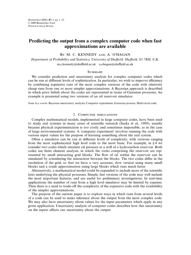 Predicting The Output From A Complex Computer Code When Fast Approximations Are Available | PDF ...