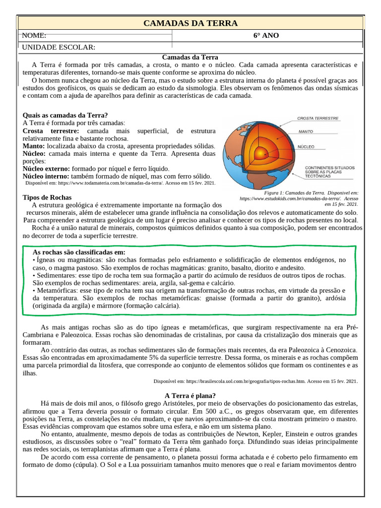 Camadas Interna Da Terra | PDF | Rochas (Geologia) | Terra