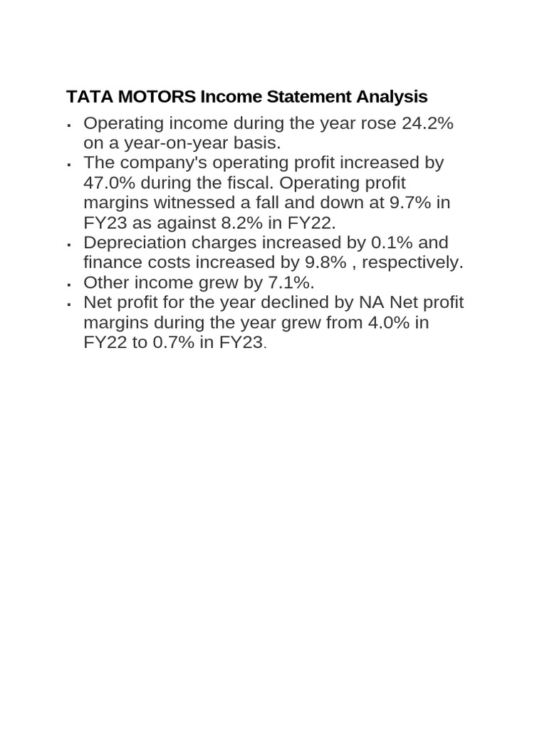TATA MOTORS Income Statement Analysis | PDF | Equity (Finance) | Return ...