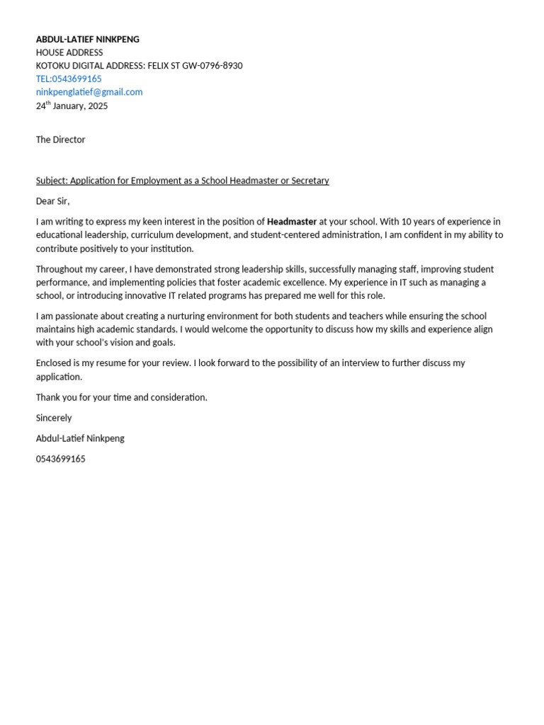 Application As A Headmaster | PDF