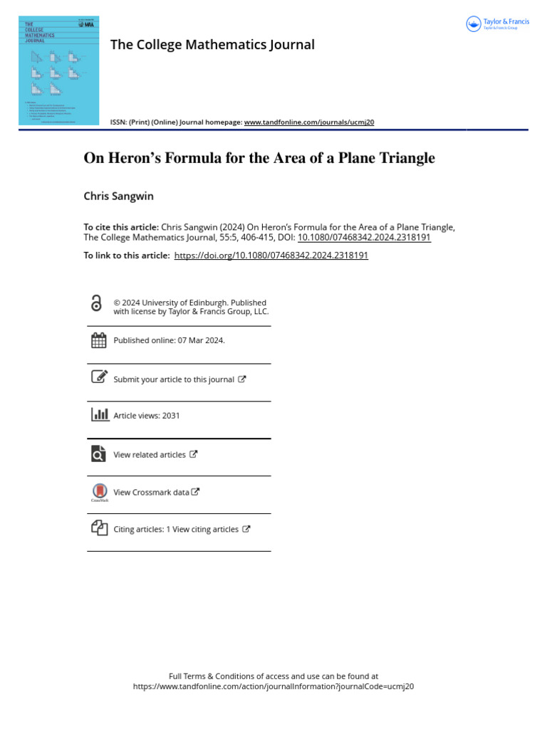 On Heron S Formula For The Area of A Plane Triangle | PDF | Area ...