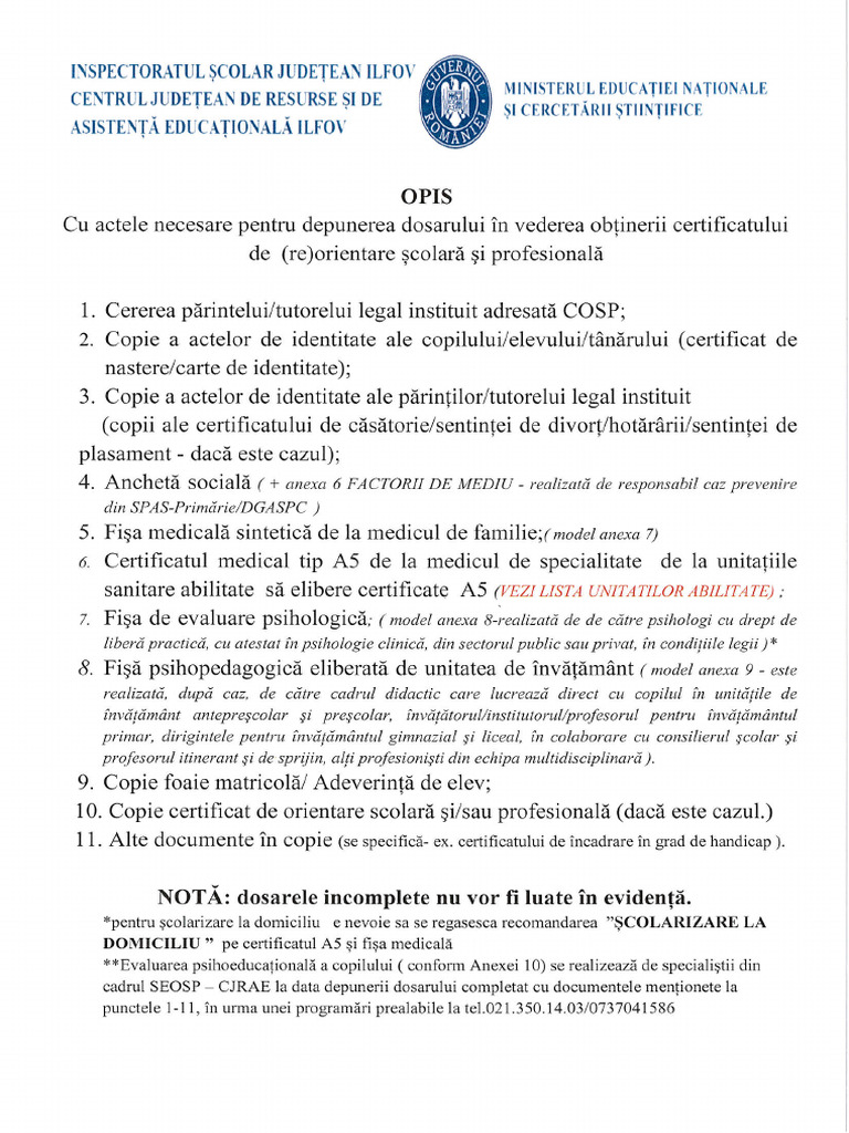 OPIS Documente Dosar OSP CJRAE | PDF