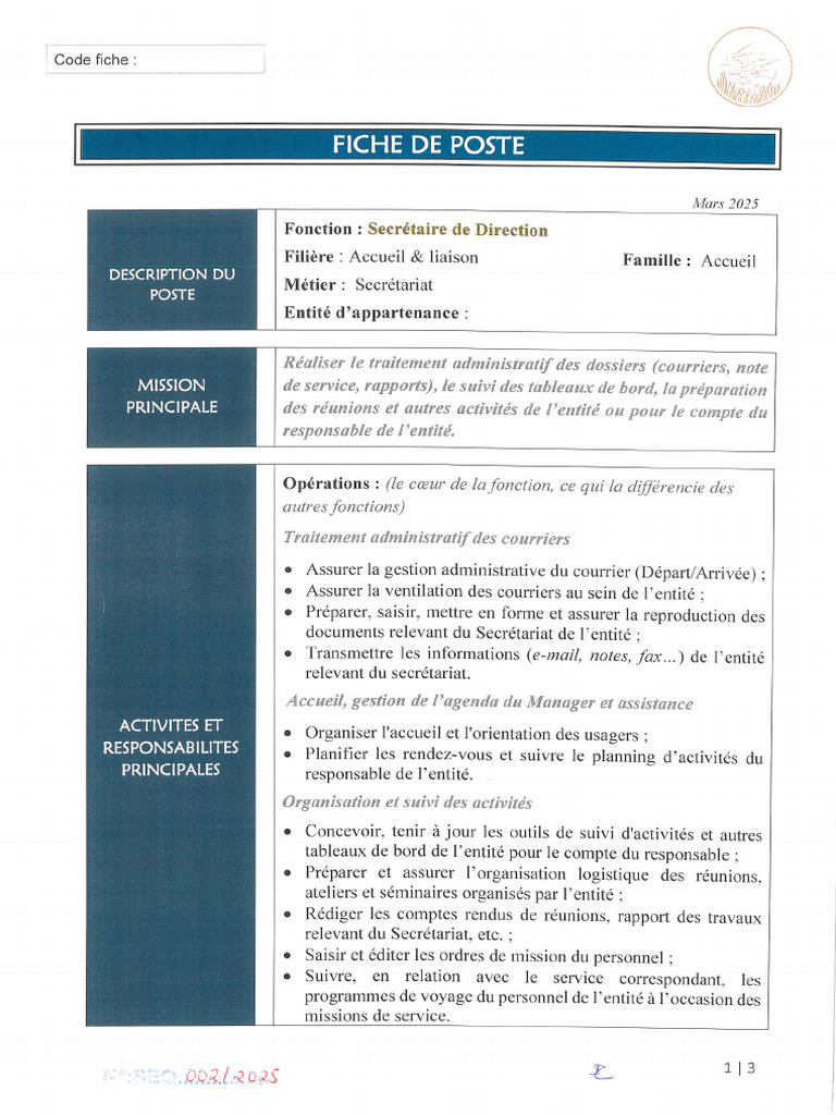 3 - Fiche de Poste Sécretaire de Direction | PDF