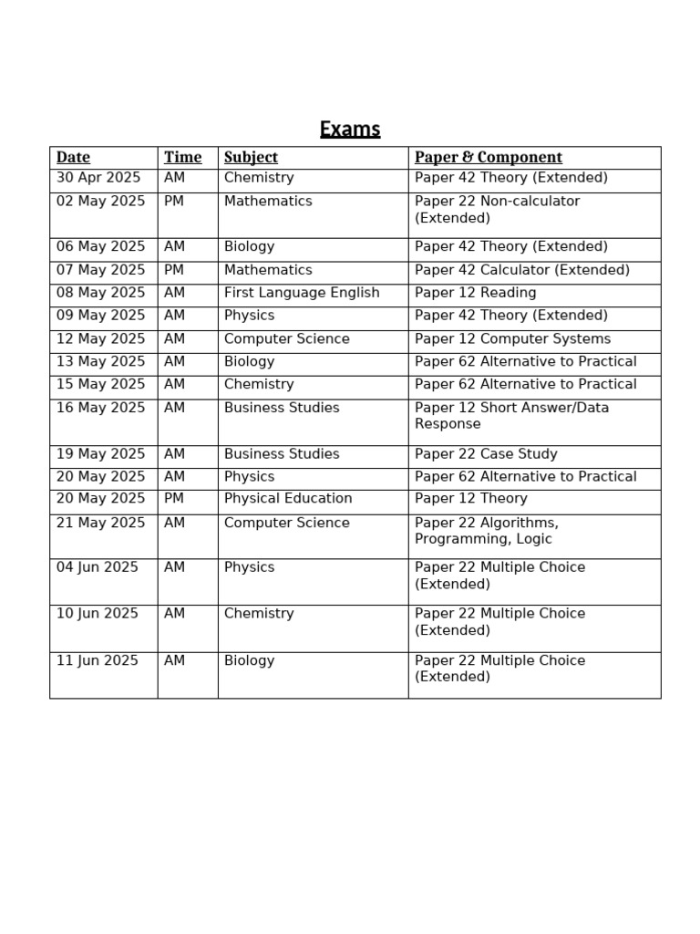IGCSE Exam Schedule for 2025 | PDF