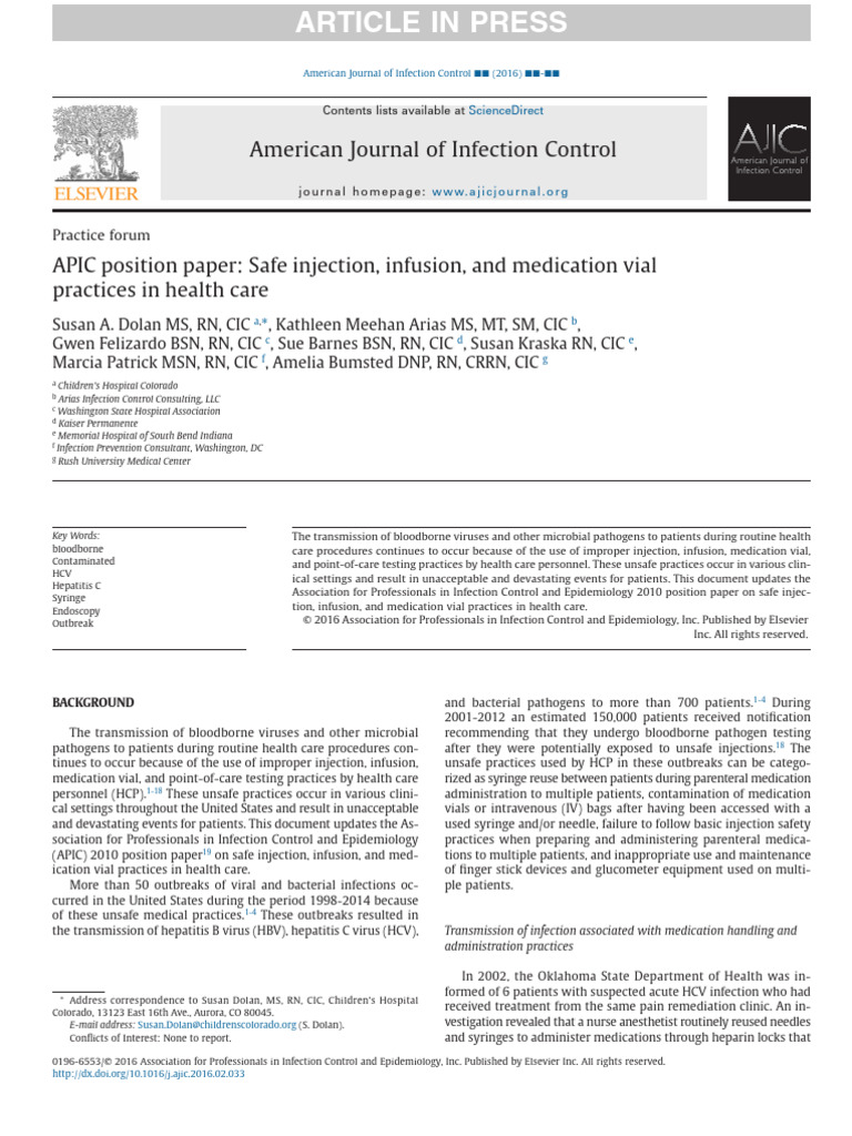APIC Position Paper - Safe Injection, Infusion, and Medication Vial ...