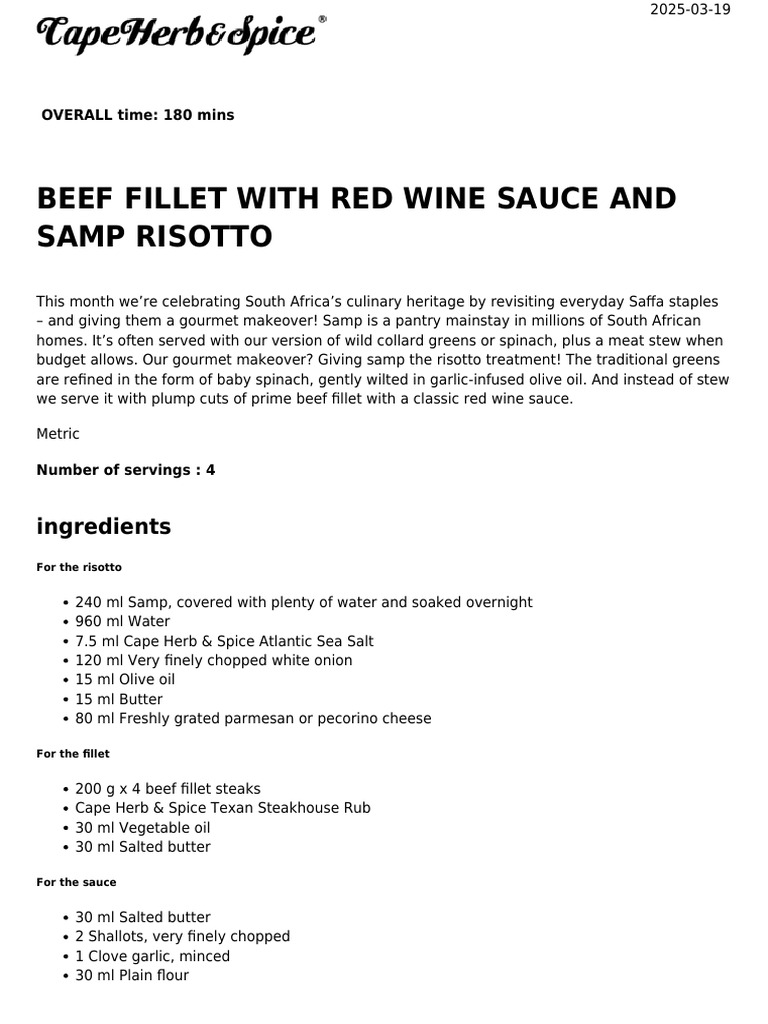 Beef Fillet With Red Wine Sauce and Samp Risotto | PDF | Beef | Spice