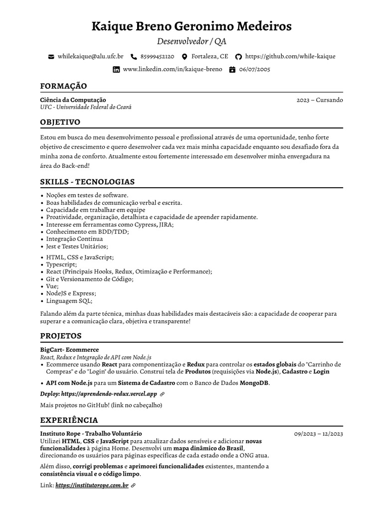 QA - Kaique Breno - Currículo Atualizado | PDF | Script Java | E-commerce