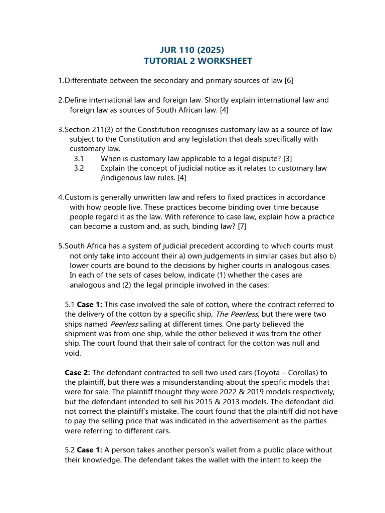 Tutorial Excersice 2 - JUR 110 (2025) | PDF | Sources Of Law ...