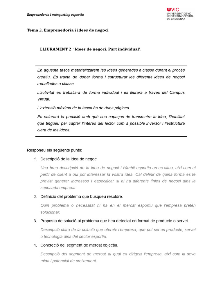 Lliurament 2. Idees de Negoci. Part Individual Fet | PDF