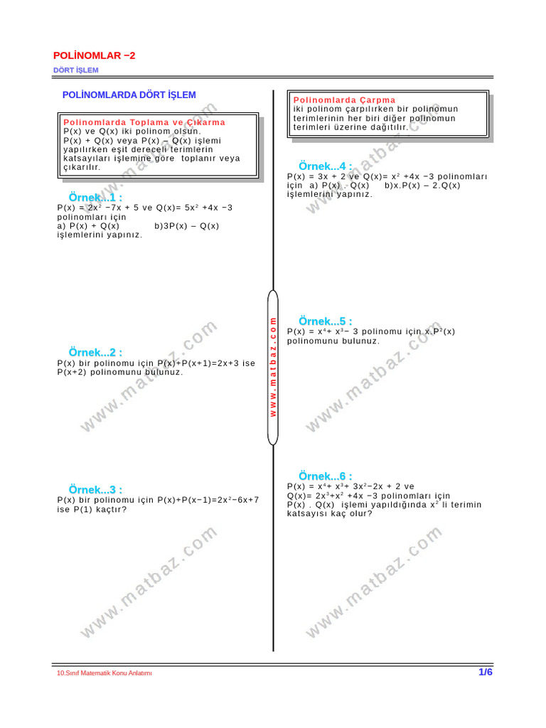 10.sinif Matematik Polinomlar Ders Notlari Ve Calisma Sorulari 3 | PDF