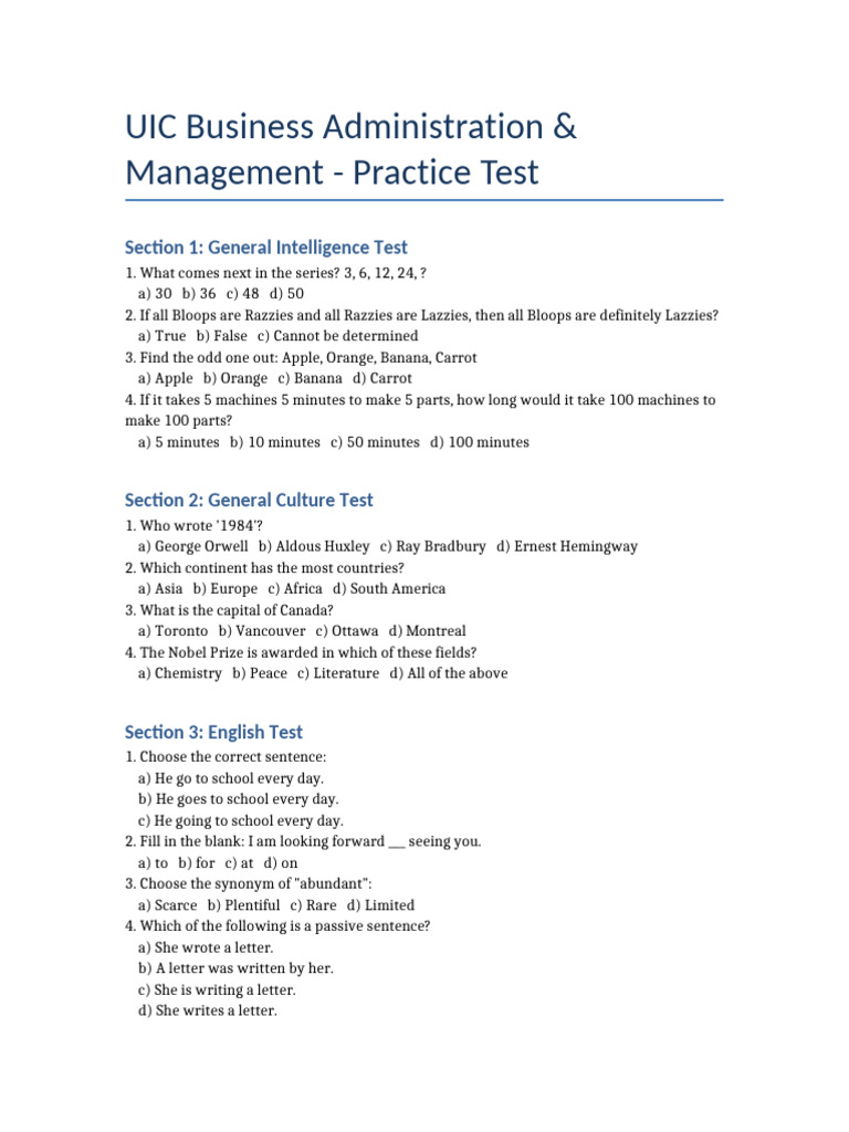 UIC Business Admission Practice Test | PDF