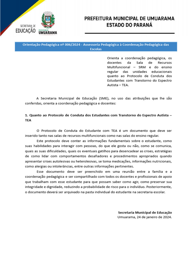 006 2024 Orientacao Protocolo de Conduta - Docx 1 | PDF | Pedagogia | Autismo