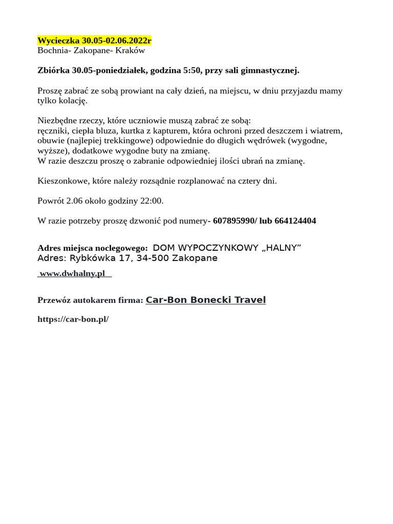 Informacje - Wycieczka | PDF