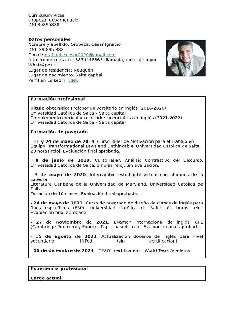 Documento CV 2024 | PDF | Idioma en Inglés | Lingüística