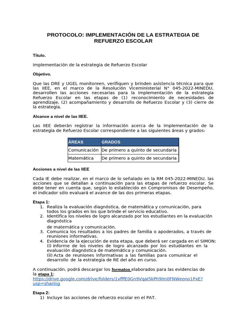 Protocolo Implementación de La Estrategia de Refuerzo Escolar Ok | PDF | Enseñando | Aprendizaje