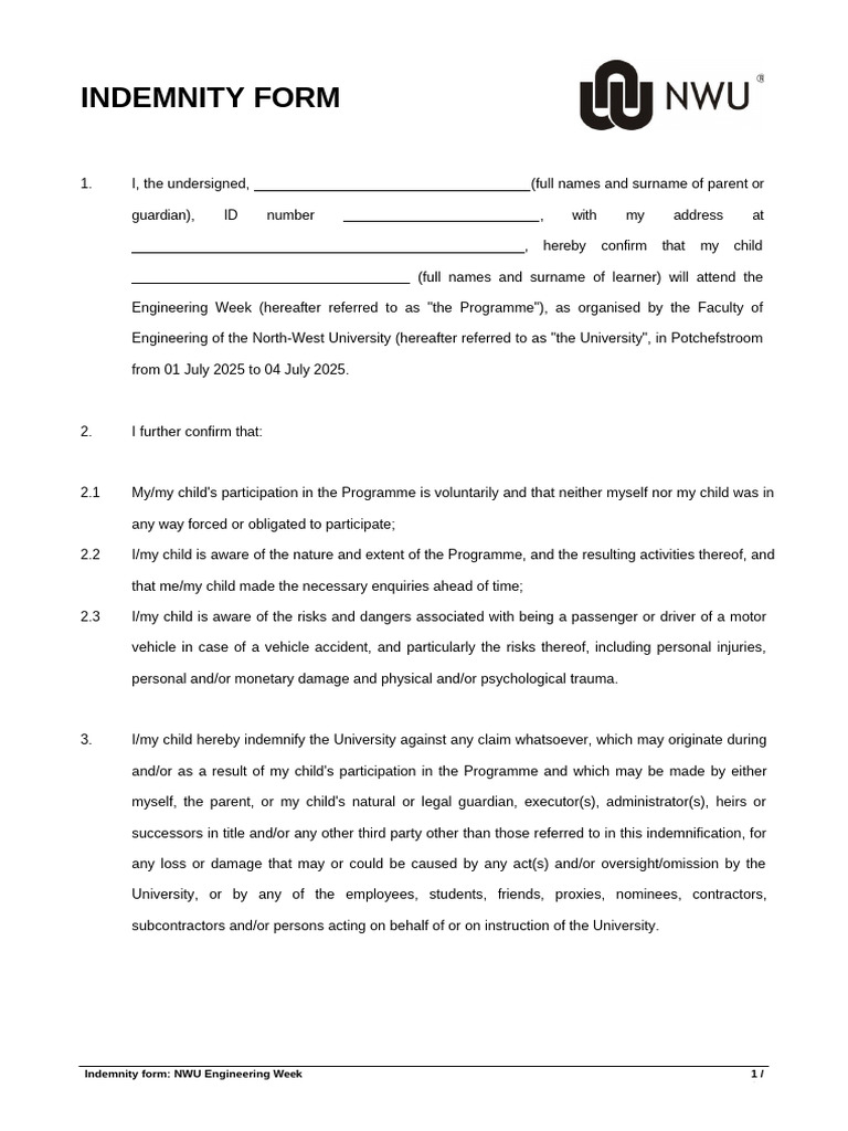 Indemnity Form Engineering Week - 01 - 04 July 2025 - Eng | PDF | Indemnity | Civil Law (Legal ...