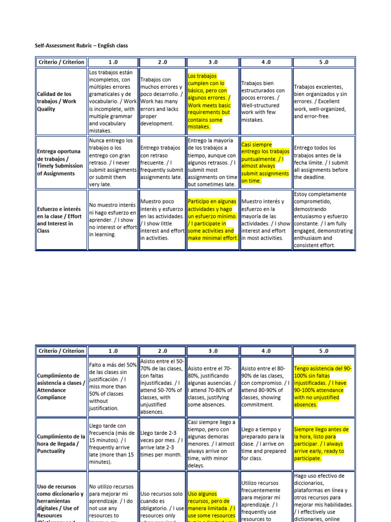 Rubric Self Assesment | PDF