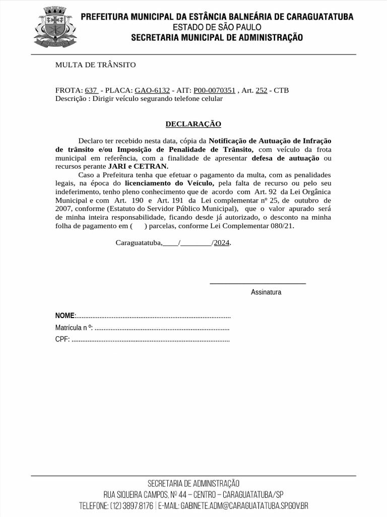 Declaração Responsabilidade Multa de Trânsito | PDF