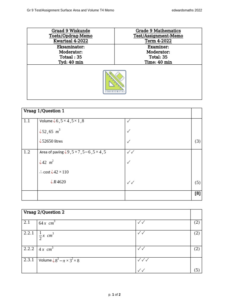 GR 9 Edwardsmaths Test or Assignment Surface Area and Volume T4 2022 ...
