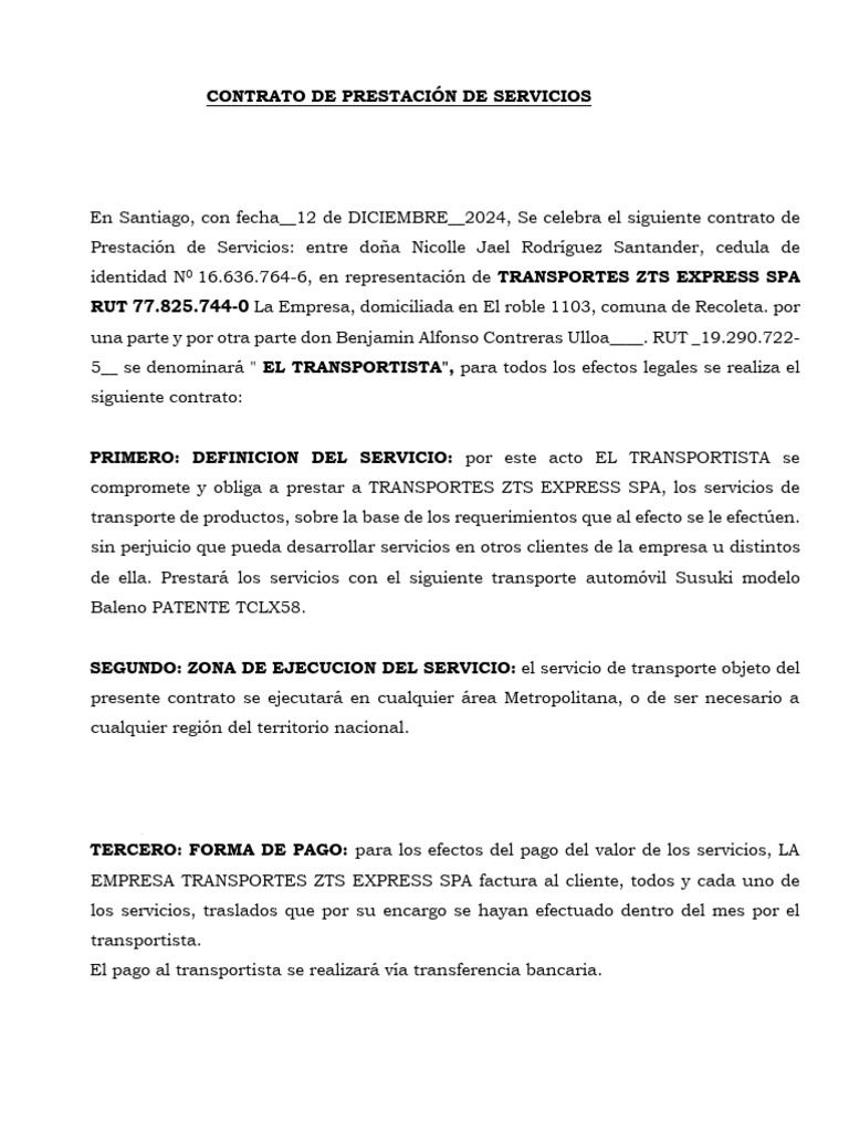 Contrato Prestacion Servicios Benjamin Contreras | PDF