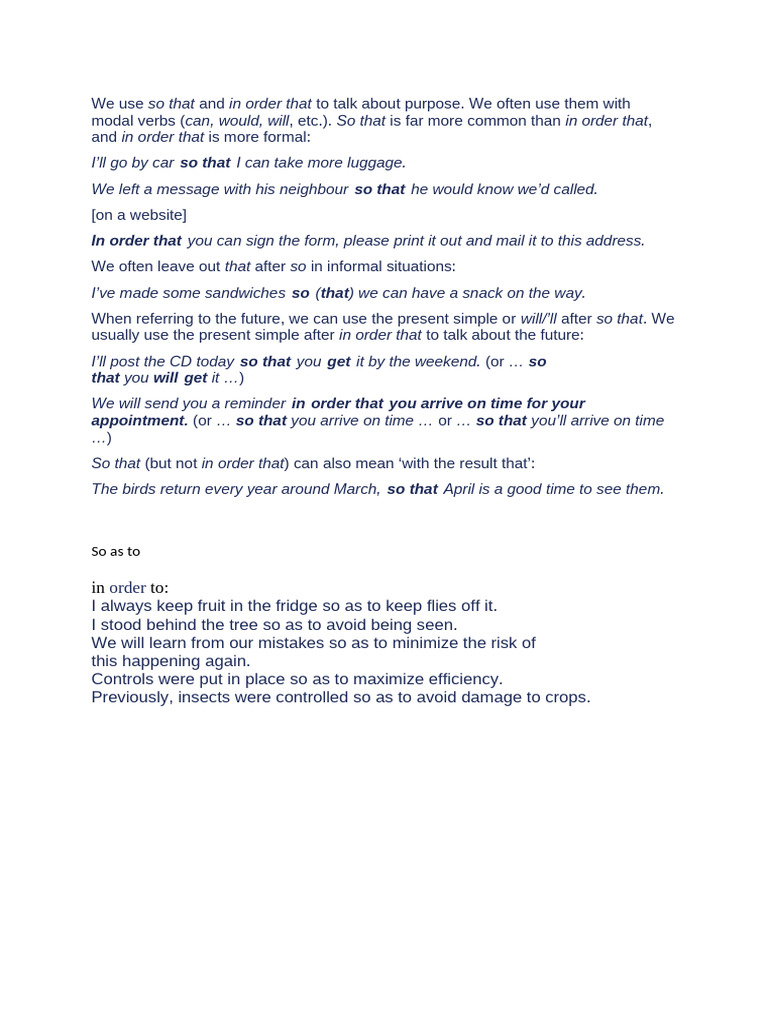 Purpose Clauses: So That & In Order To | PDF
