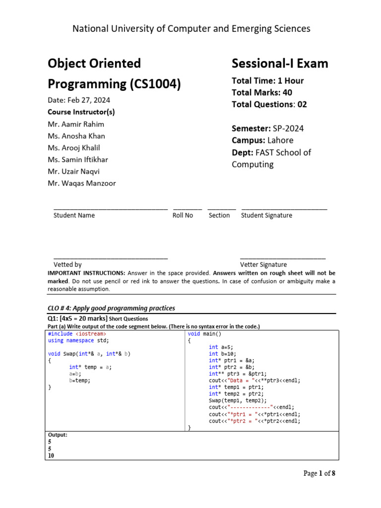 OOP Mid I Solution Spring-2024 | PDF | Pointer (Computer Programming) | Computer Science