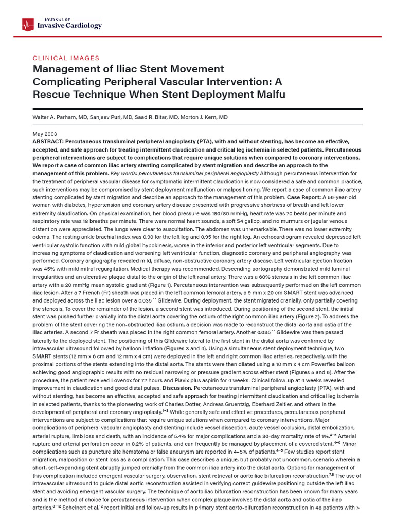 Management of Iliac Stent Movement Complicating Peripheral Vascular Intervention_ a Rescue ...