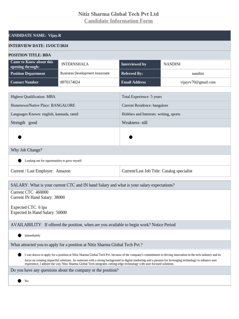 Candidate Profile: Vijay R. for BDA Role | PDF