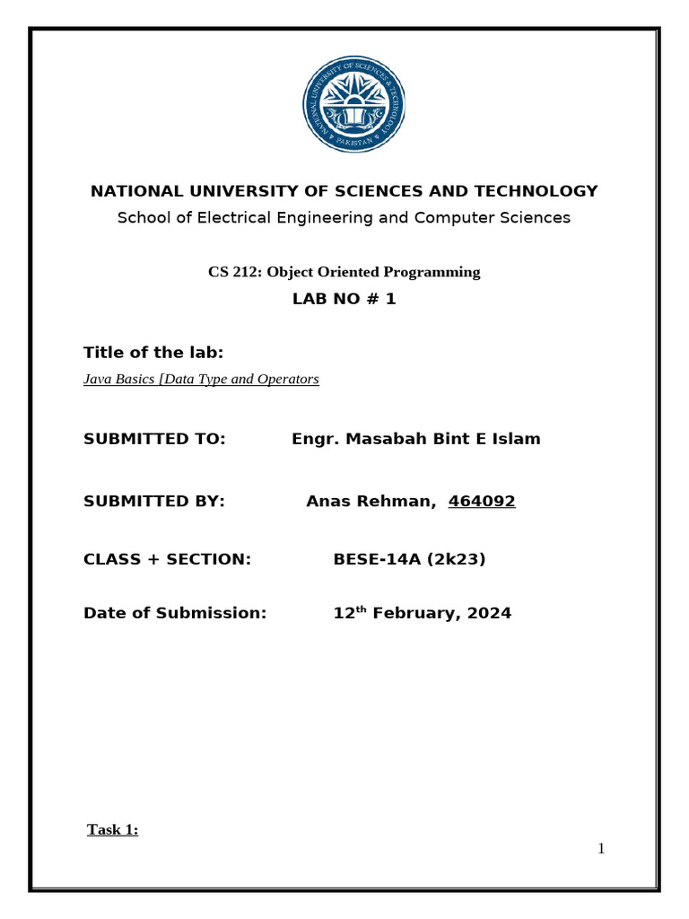 Anas Rehman (464092) BESE-14A Lab 1 | PDF | Integer (Computer Science) | Computer Programming