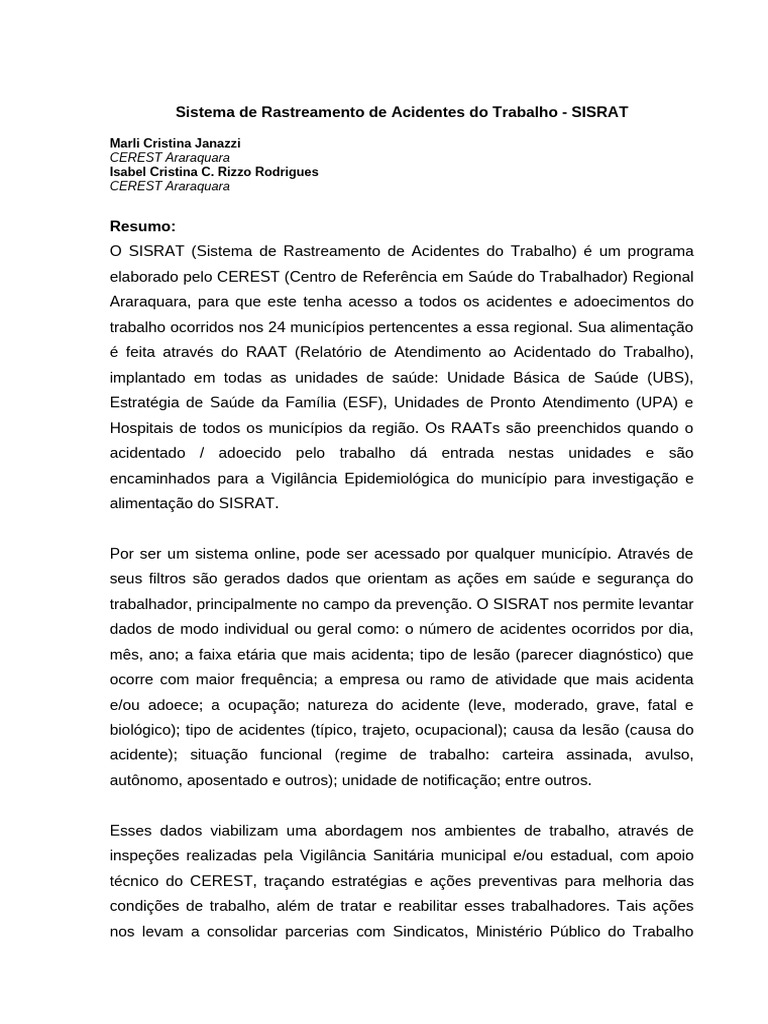 Sistema de Rastreamento de Acidentes Do Trabalho - SISRAT | PDF