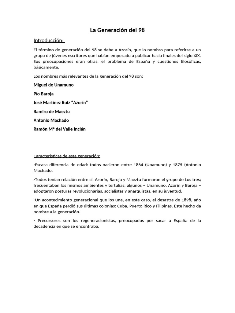 Características de la Generación del 98 | PDF