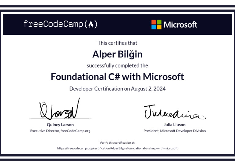 Certification AlperBilgin Foundational C Sharp With Microsoft | PDF
