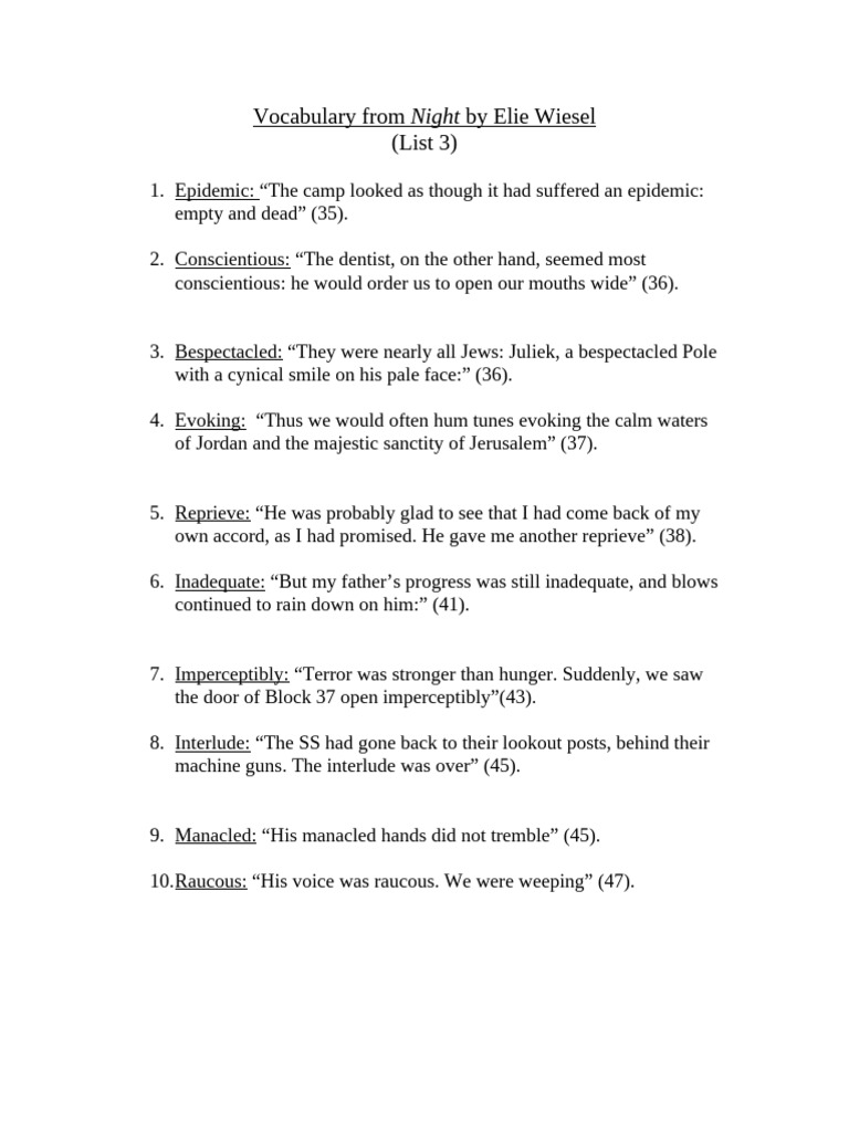 Vocabulary From Night by Elie Wiesel3 | PDF