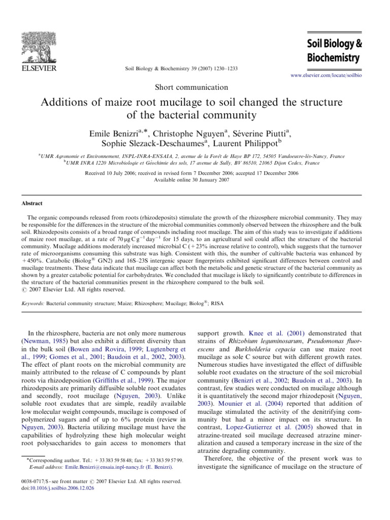 Additions of Maize Root Mucilage To Soil Changed The Structure of The ...